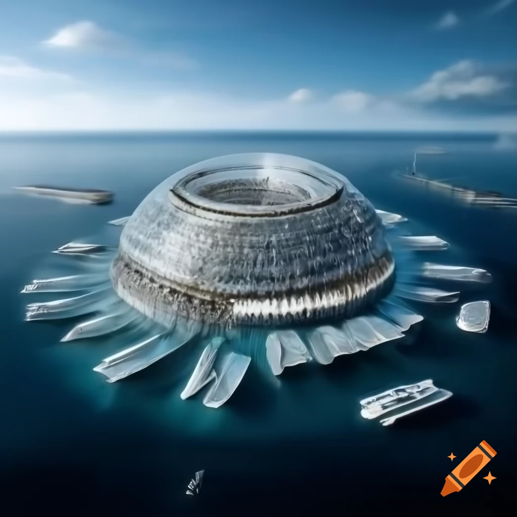 Aerial view of a multi-level glass structure in the sea on Craiyon