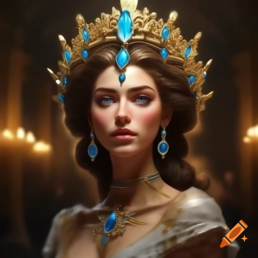 Realistic portrait of a beautiful queen in golden crown with blue ...