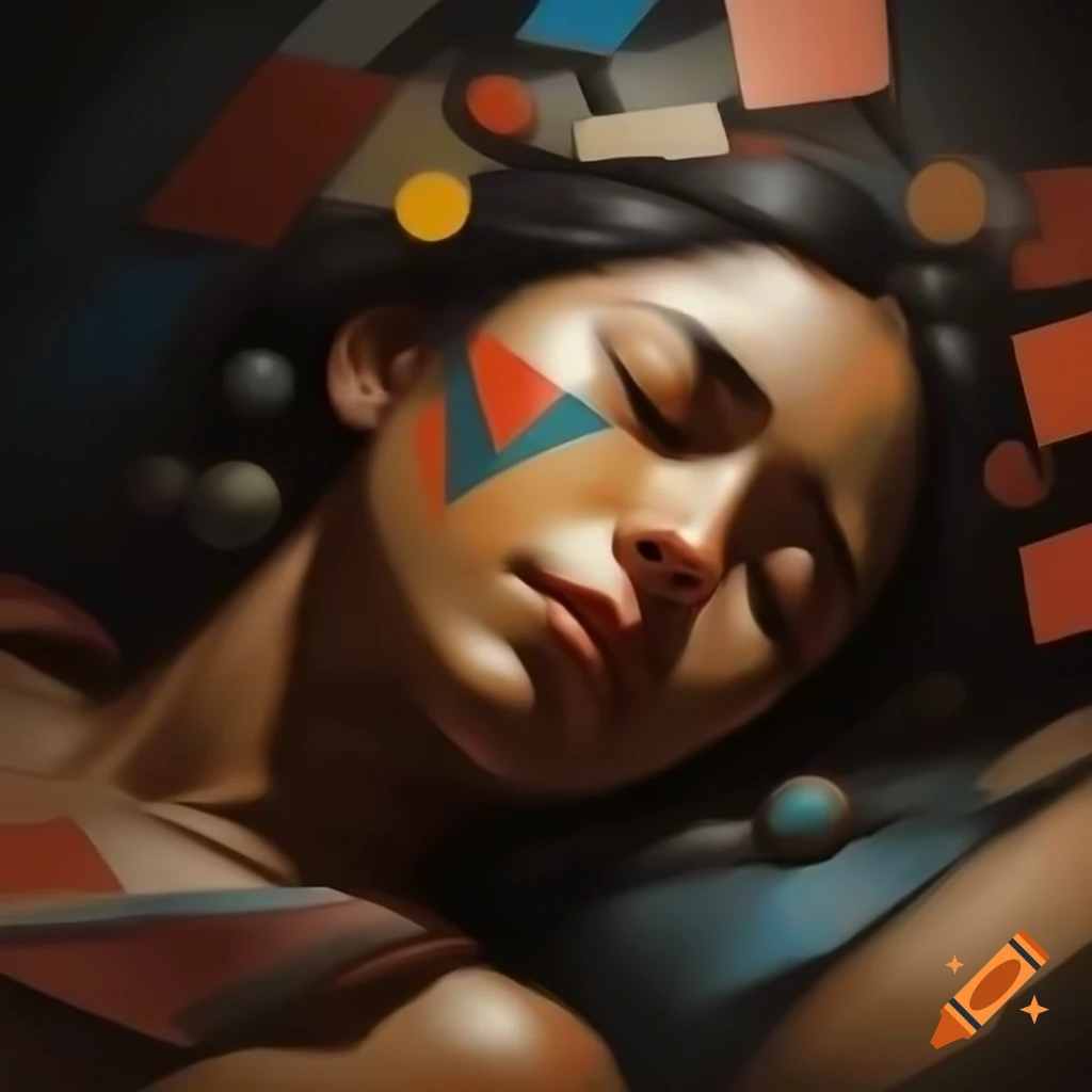 Detailed painting of a sleeping Aztec girl in Kandinsky style, shiny ...