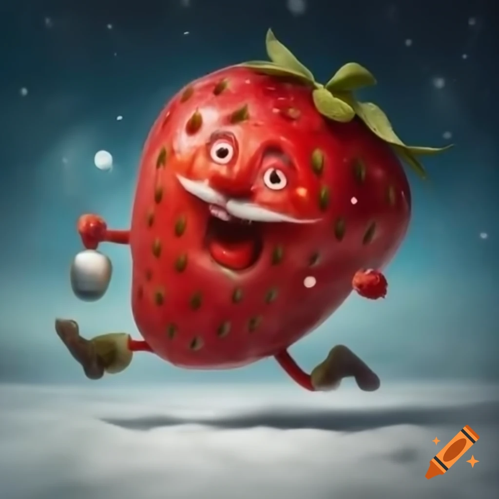 Santa Claus sprinting in winter wonderland holding a giant strawberry ...