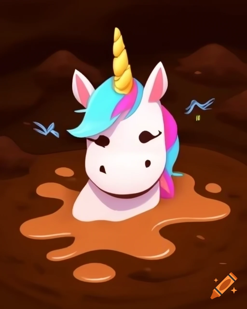 Anime manga style colorful white unicorn head blushing in mud pit ...