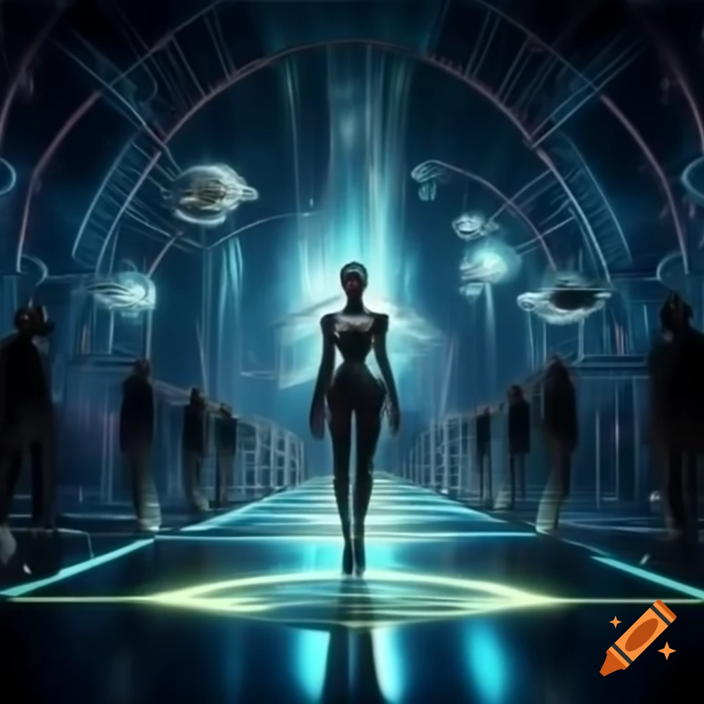 Futuristic fashion show with model on glowing runway and holographic ...
