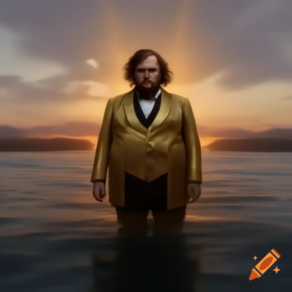Obese man in gold suit against sunset backdrop on river on Craiyon