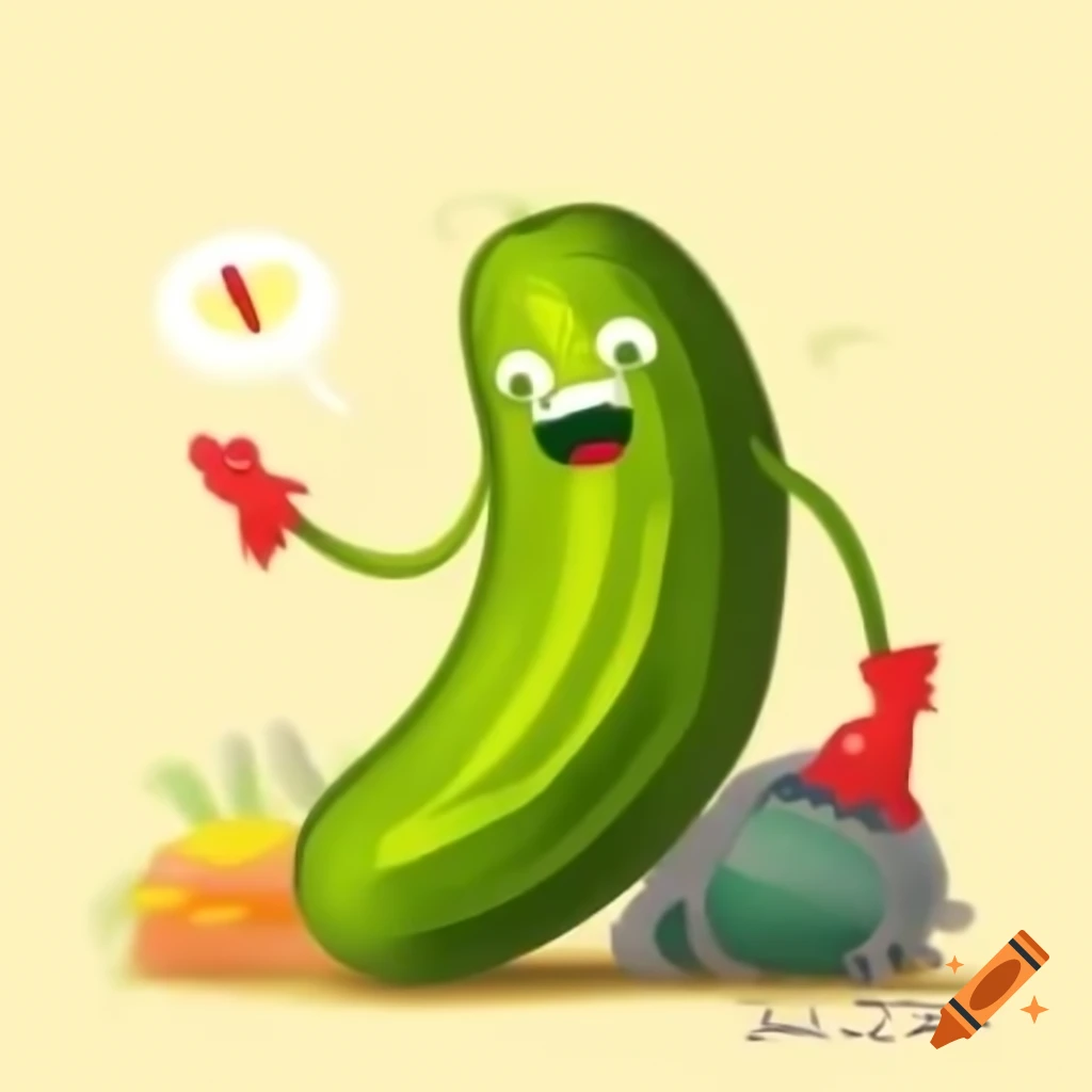Illustration of a whimsical character called The Smiling Pickle with a ...