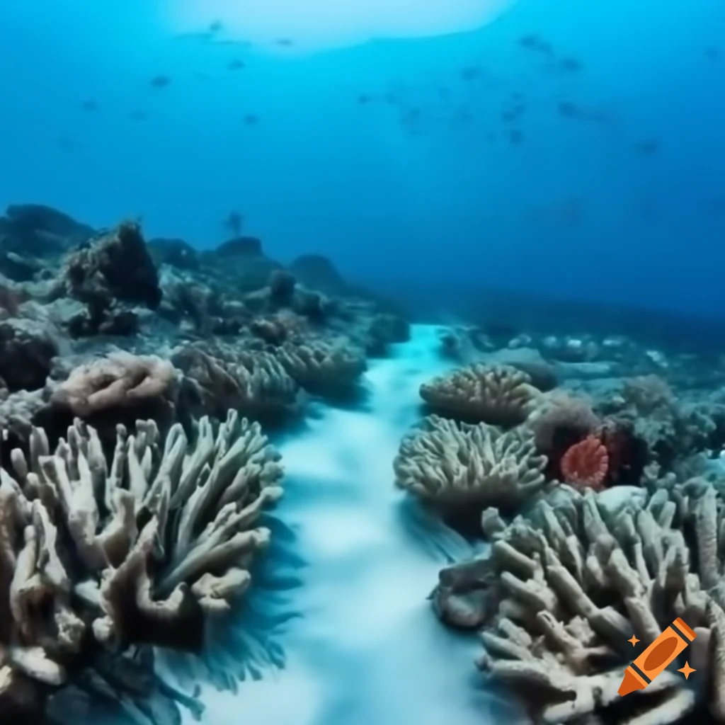 Coral reef path leading to opening with reef fish playing in the ...