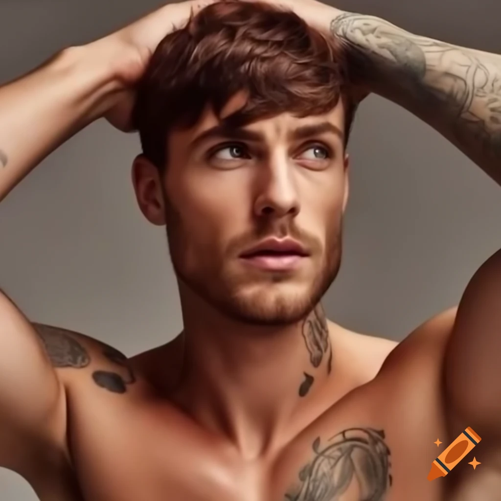 Male bodybuilder with tattoos and dark aesthetic, standing tall on Craiyon