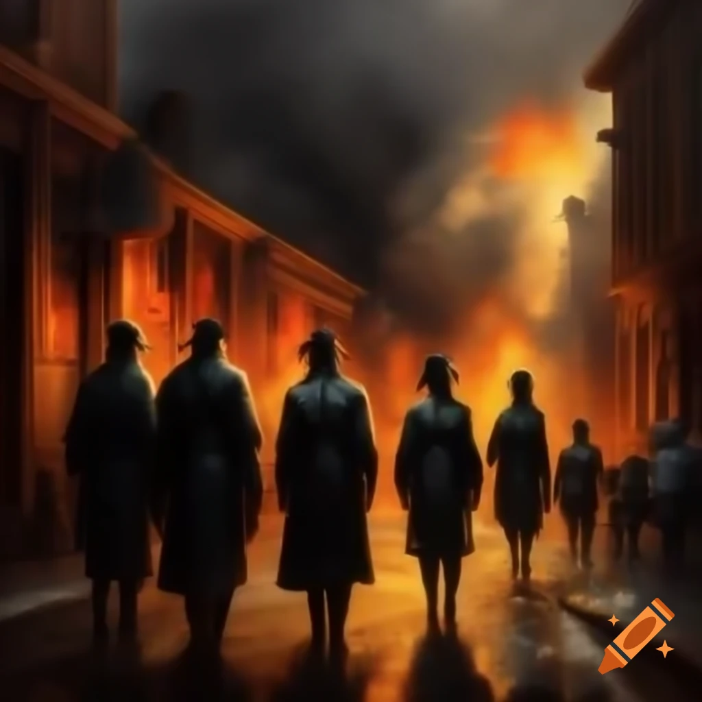 People walking away from burning town with few possessions on Craiyon