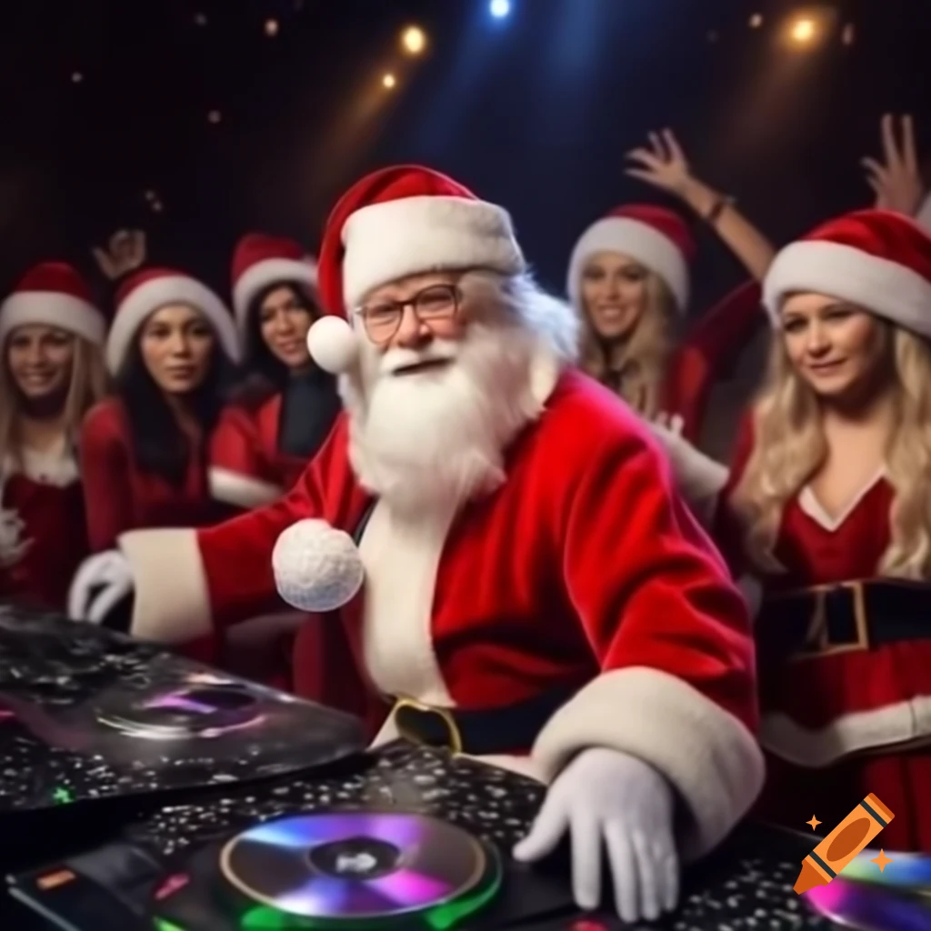 Santa claus as a festive dj surrounded by dancing elves on Craiyon