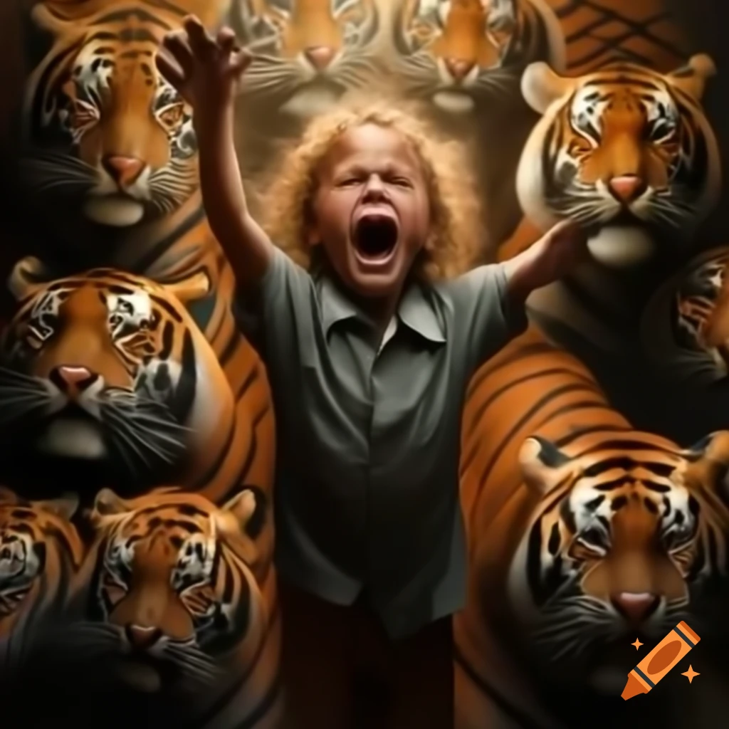 Feral human child with tiger characteristics raised by tigers on Craiyon