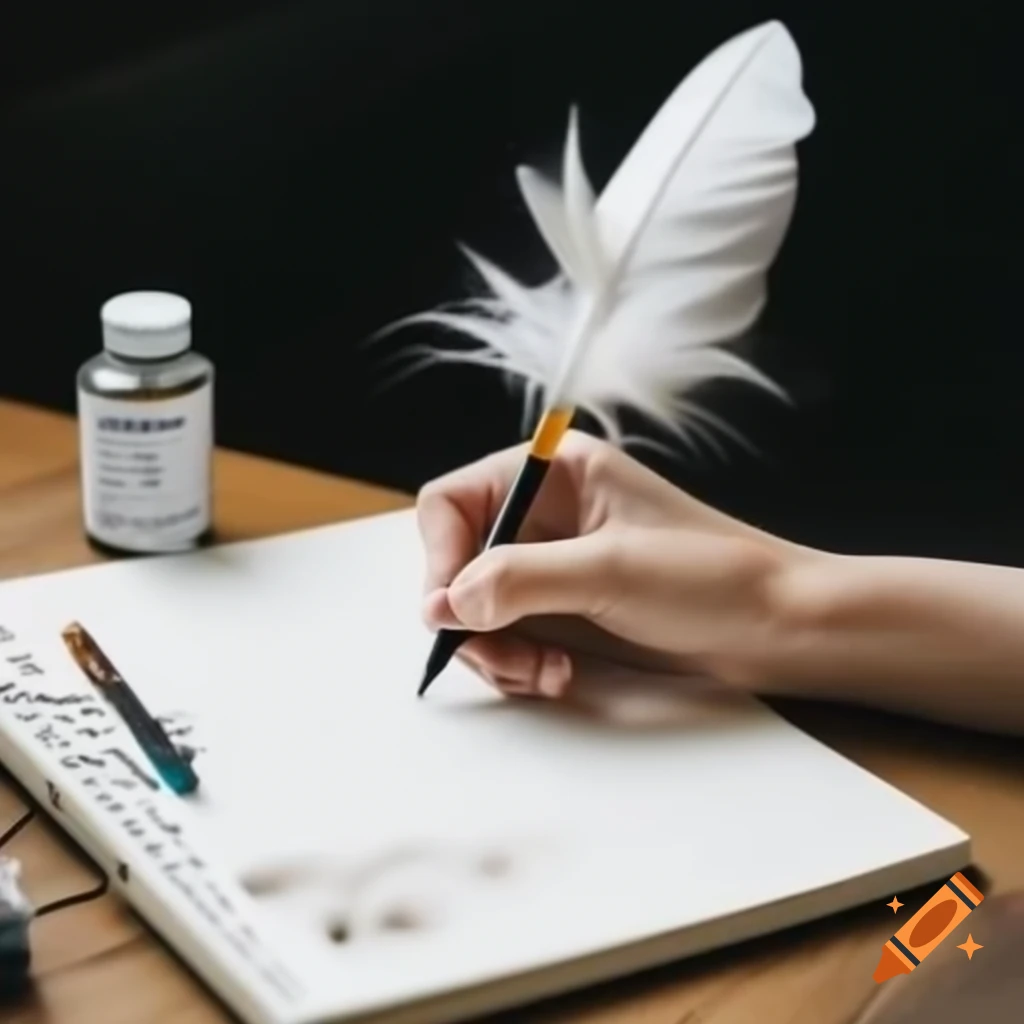 Hand writing with white feather quill and ink bottle on Craiyon