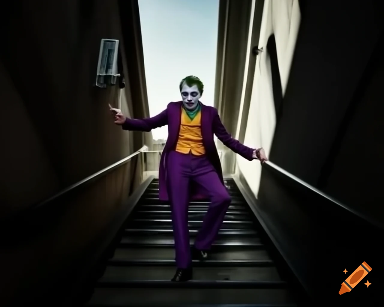Joker character dancing on staircase in daylight, realistic style on ...