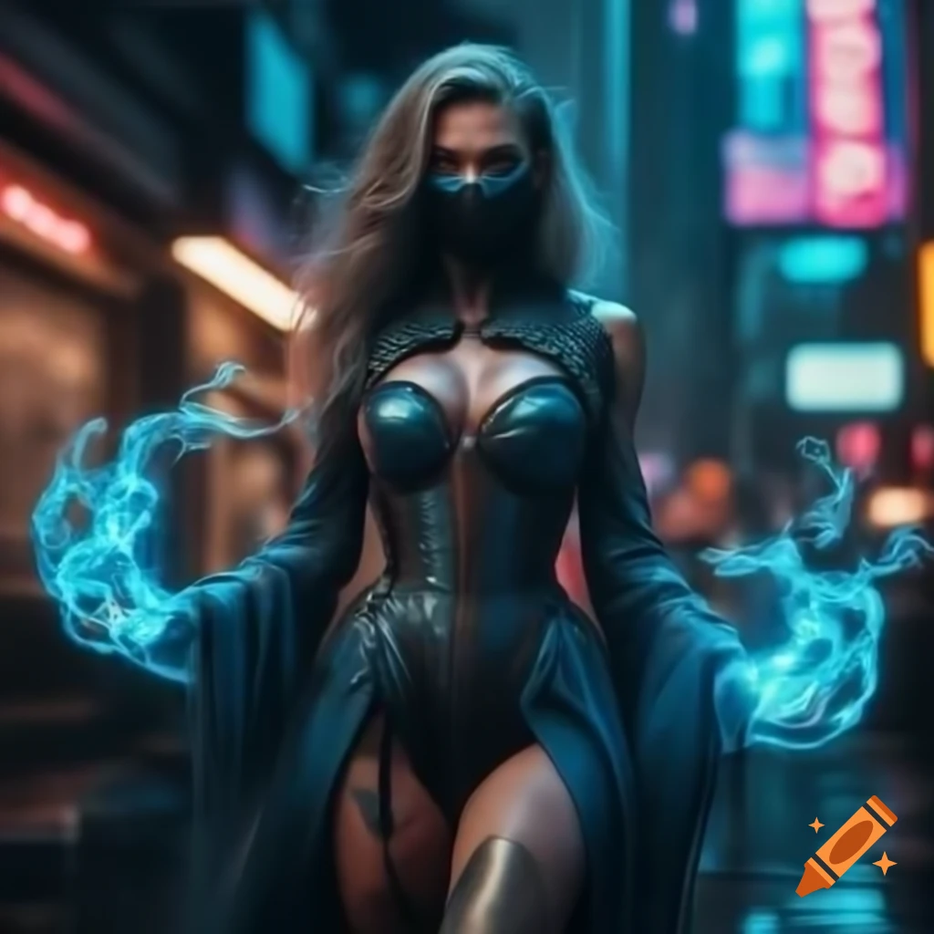Cyberpunk sorceress in blue attire weaving water spells in neon-lit city on Craiyon