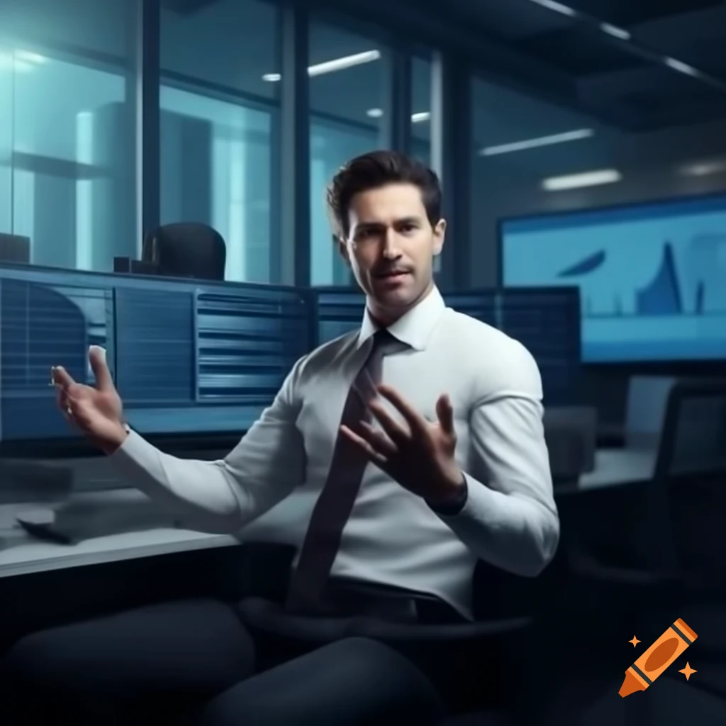 Charismatic presenter in modern high-tech office with digital ...