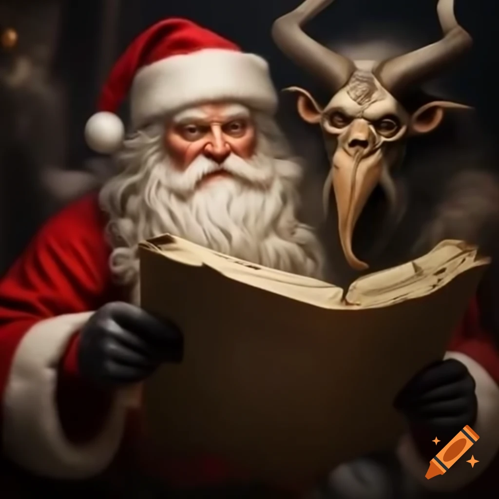Santa Claus handing scroll to Krampus, festive scene on Craiyon