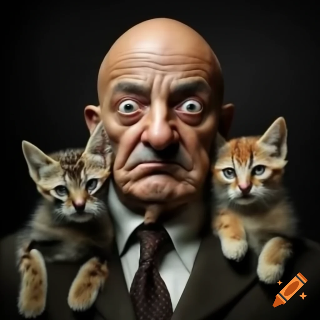 Bald Italian man with angry German Shepherd and two cute kittens on Craiyon