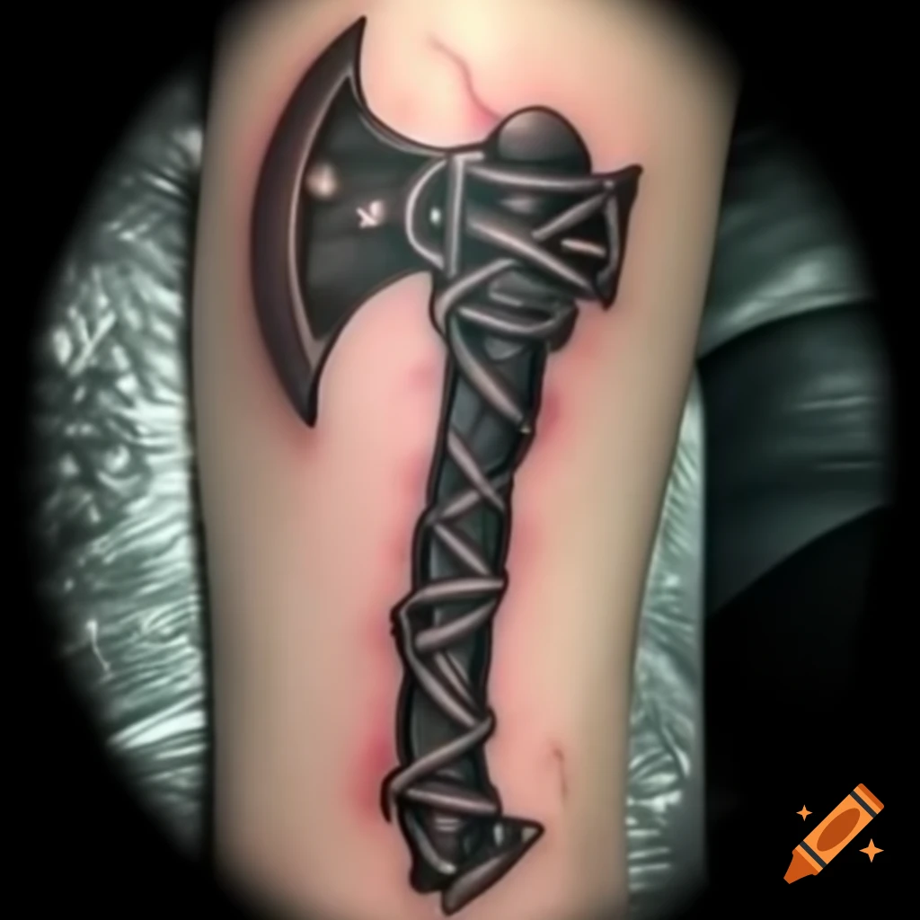 Fierce viking axe tattoo design with metallic details and knotwork on ...
