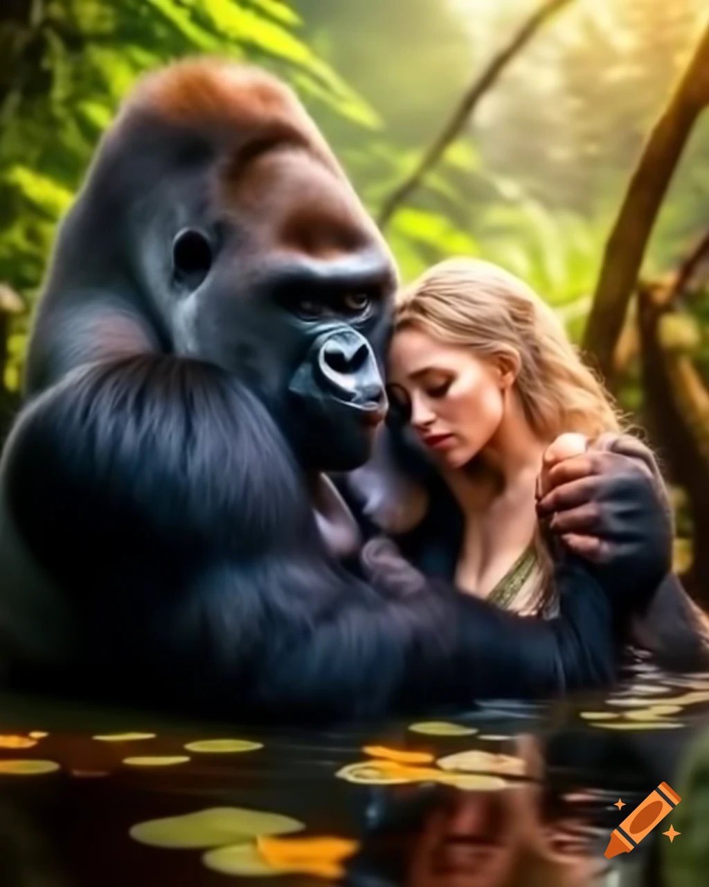 Silverback gorilla and woman enjoying peaceful moment in sun-dappled ...