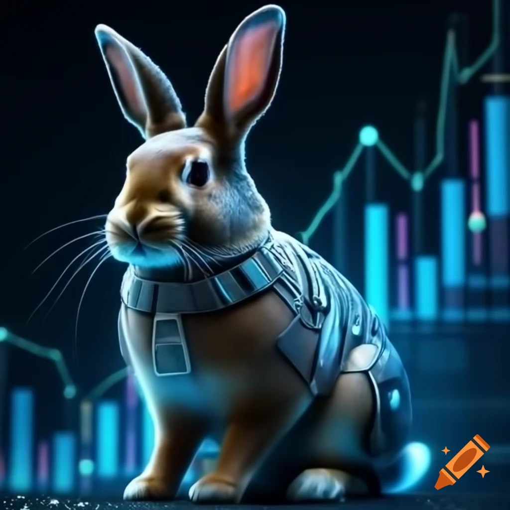 Abstract depiction of a cyber financial rabbit in a digital web on Craiyon