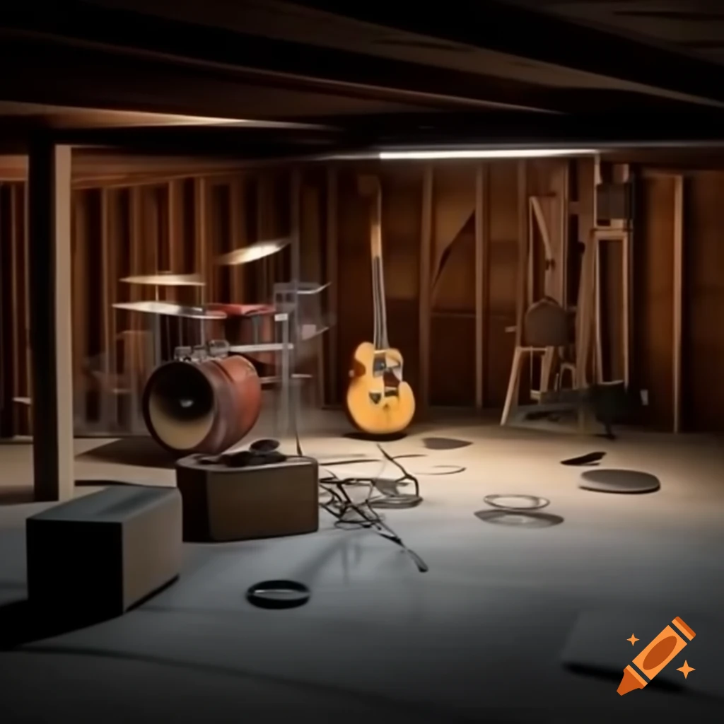 Basement construction scene featuring guitar and drum set on empty ...