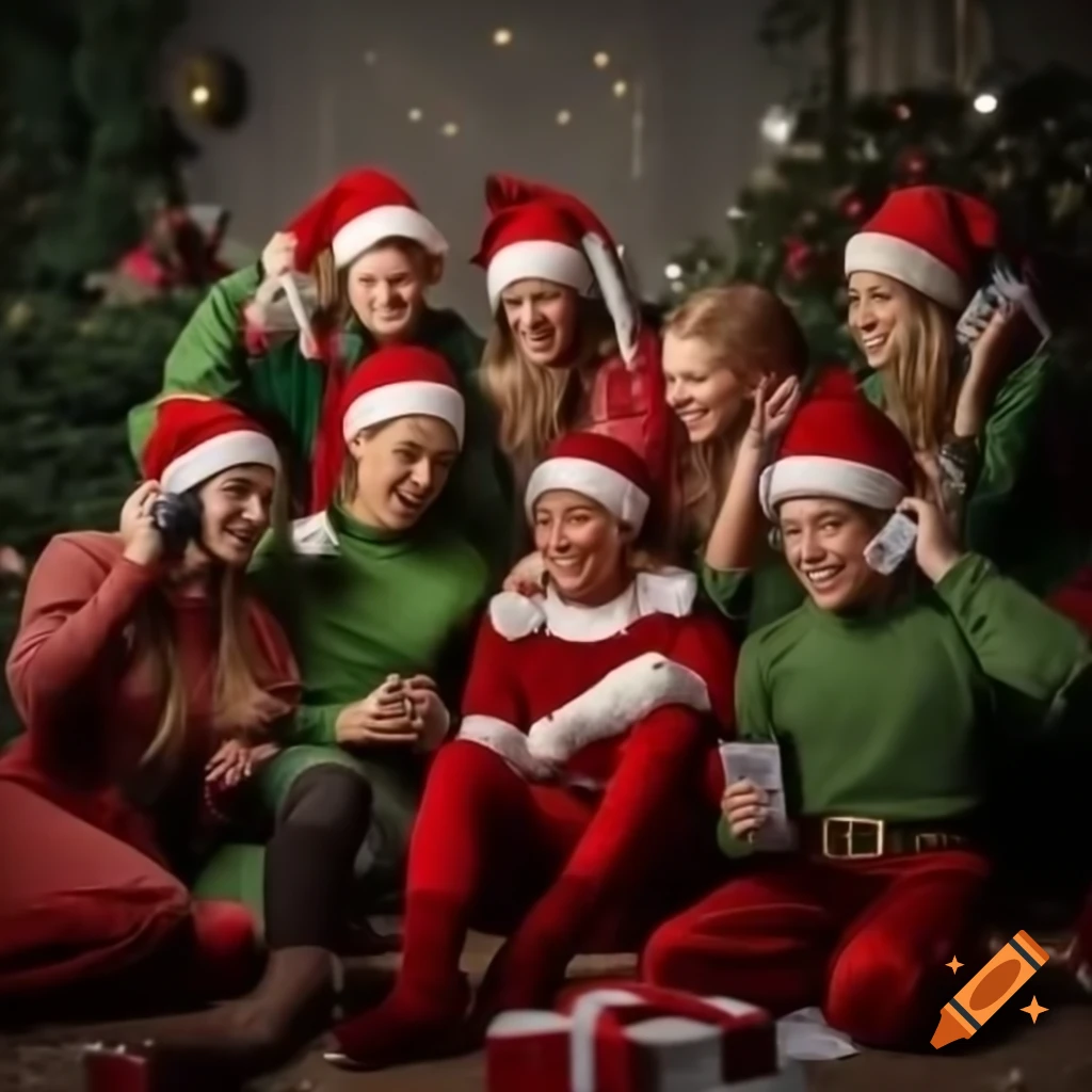 Adult Christmas elves sitting around phones and number sheets in a chaotic arrangement on Craiyon