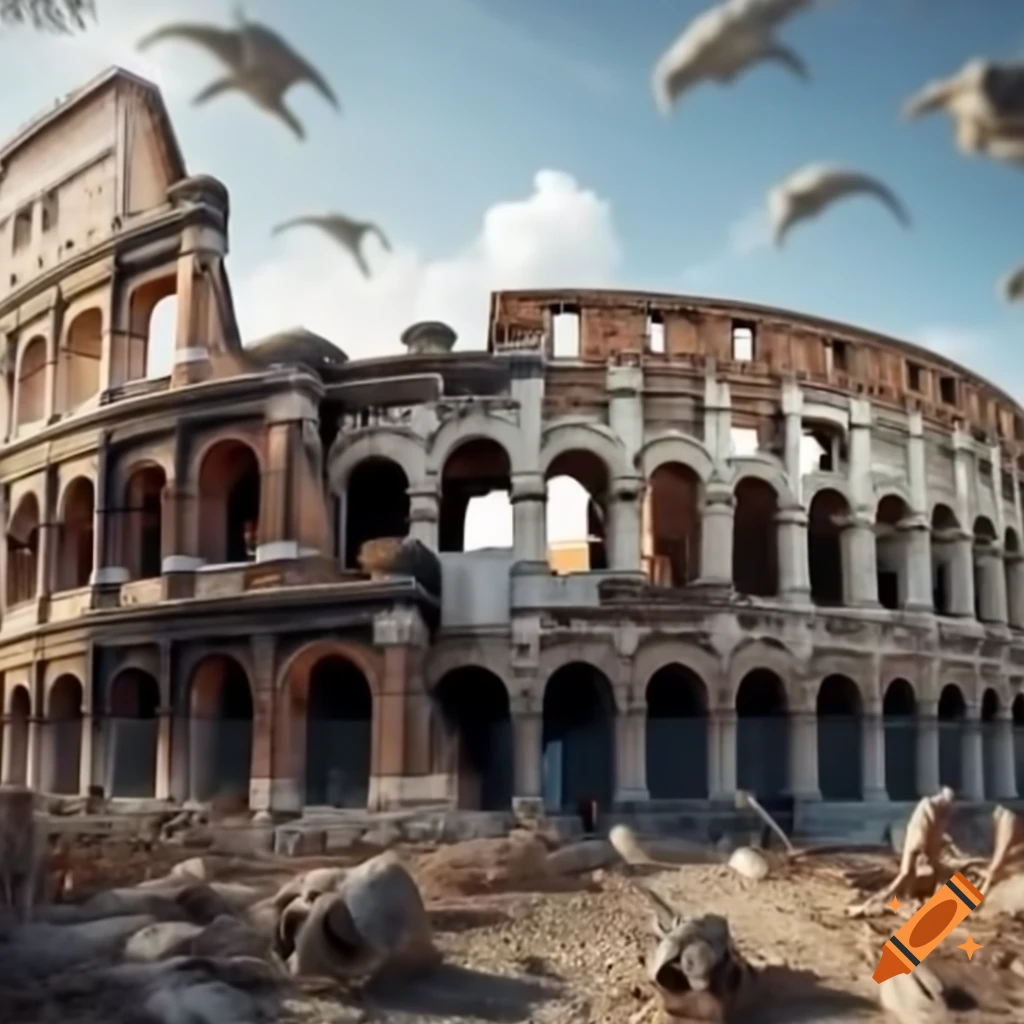 Colosseum, ancient Roman amphitheater with futuristic alien destruction ...