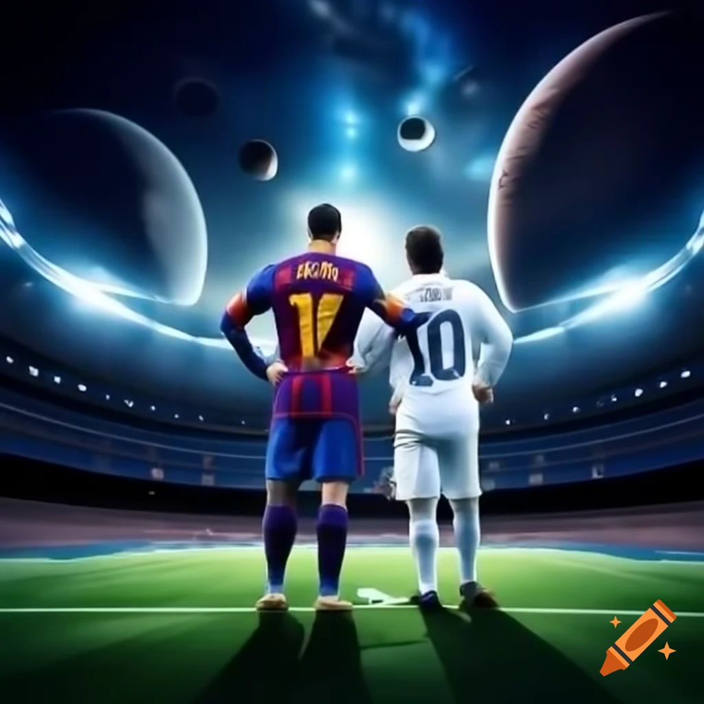 Cristiano Ronaldo and Lionel Messi on glowing field under surreal night ...