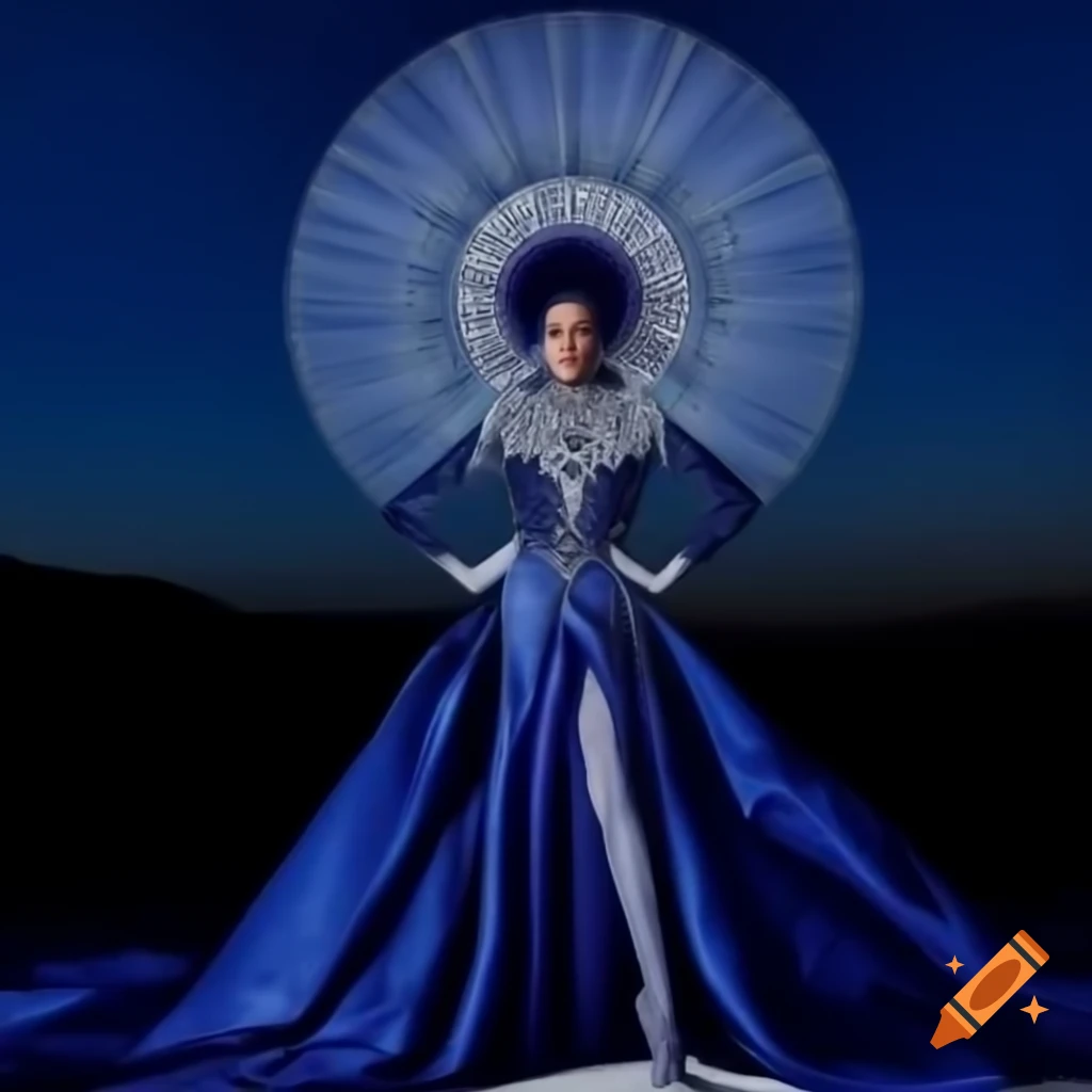 Zara Zenith in celestial couture gown inspired by night sky, showcasing deep navy and silver ...