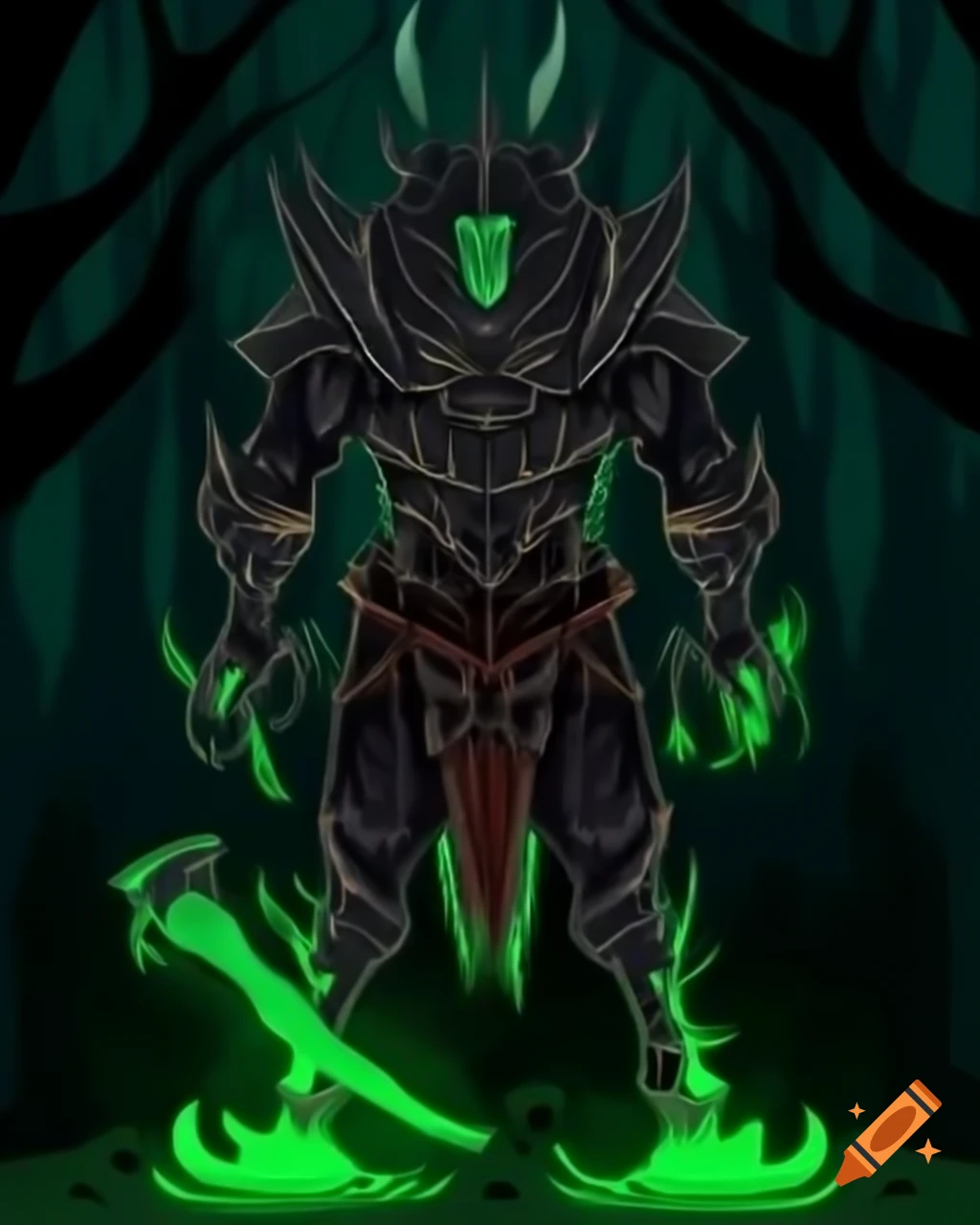 Vengeant elf in dark armor wielding curved swords with glowing green ...