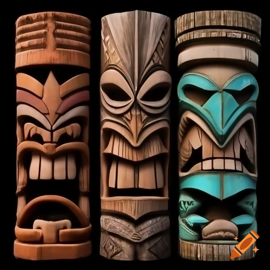 Stackable stained concrete column segments with tiki designs and ...