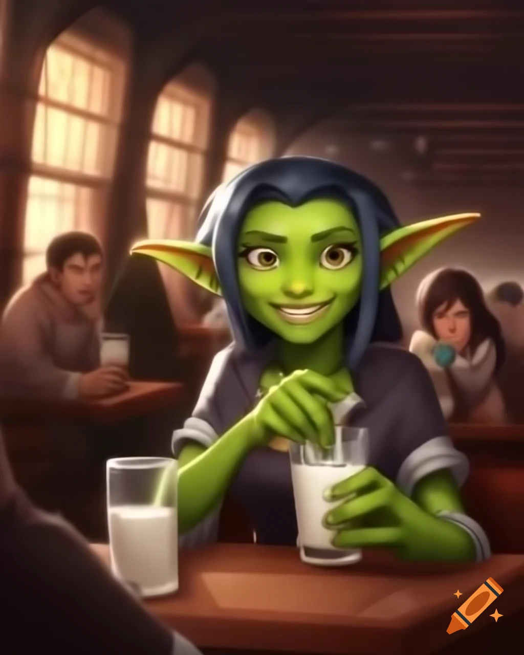 Cheerful green-skinned goblin woman in tavern drinking milk with ...