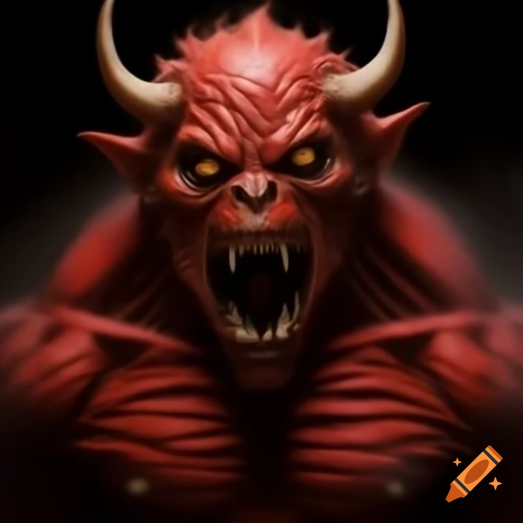 Red humanoid demon monster, horrifying and scarred appearance on Craiyon