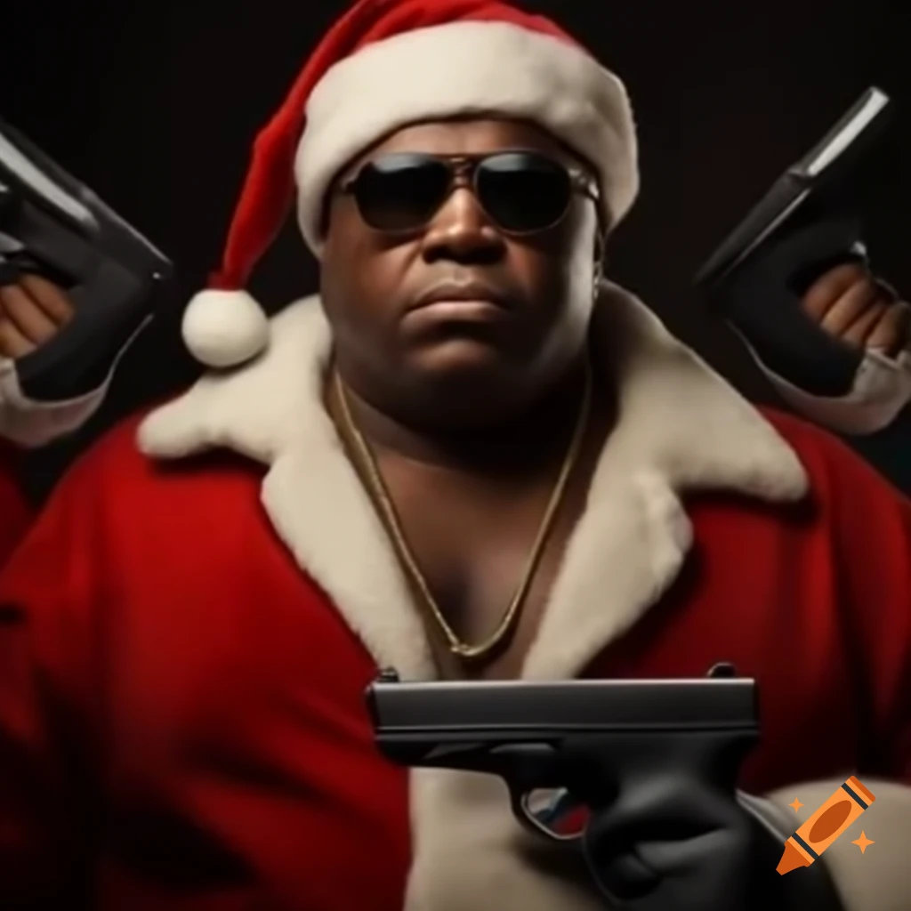 Gangster Santa Claus with sunglasses and gold chain holding a glock on ...