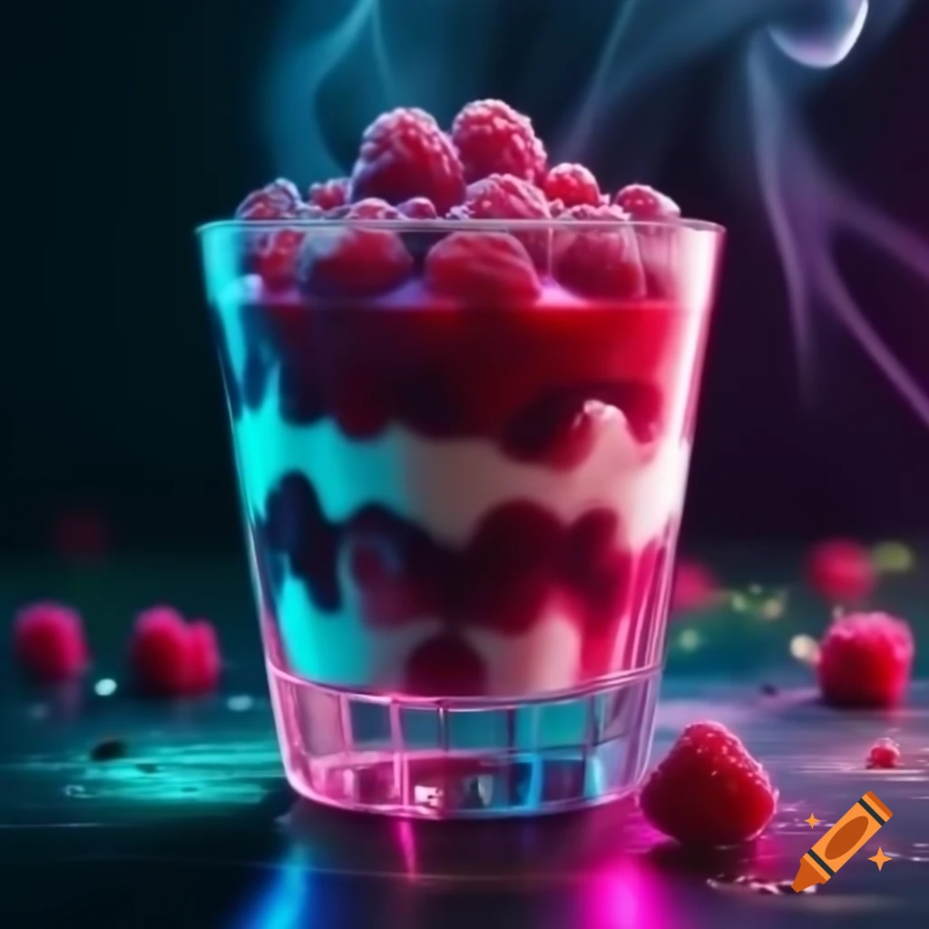 Cyberpunk raspberry parfait with smoke effect in background on Craiyon