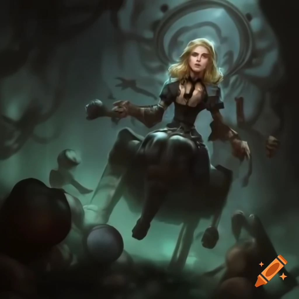 Alice exploring dark steampunk wonderland filled with clockwork contraptions and automatons on ...