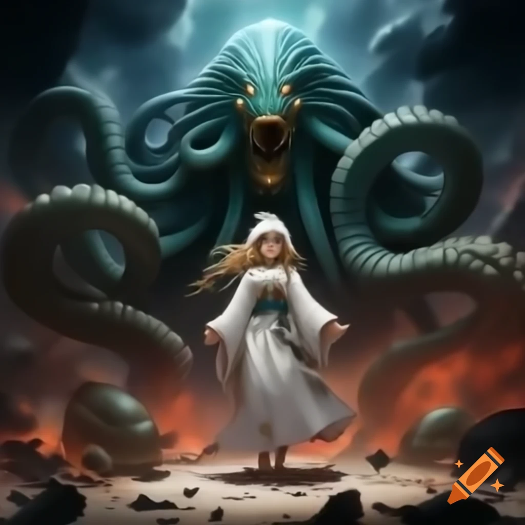 Celestial maiden in tattered robes facing colossal kraken in epic anime ...