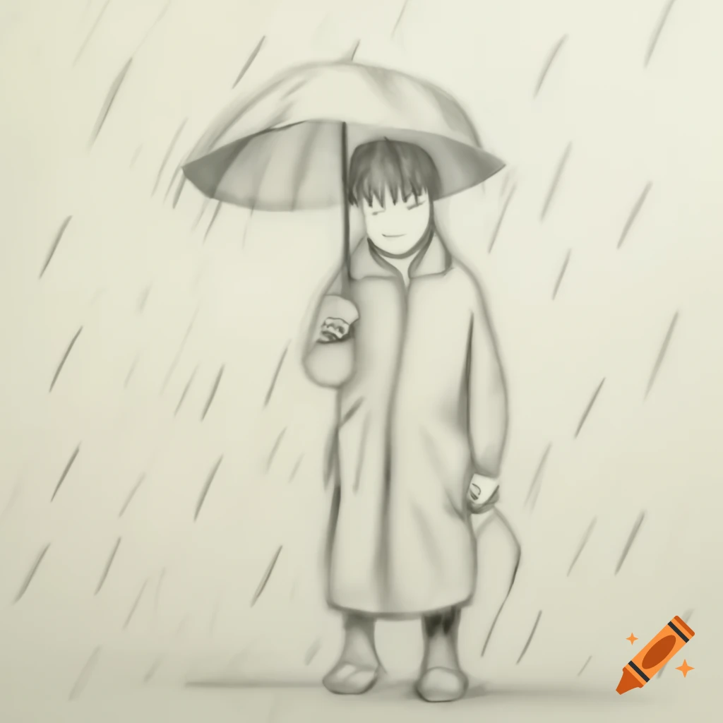 Pencil sketch of a person standing in the rain with an umbrella and ...