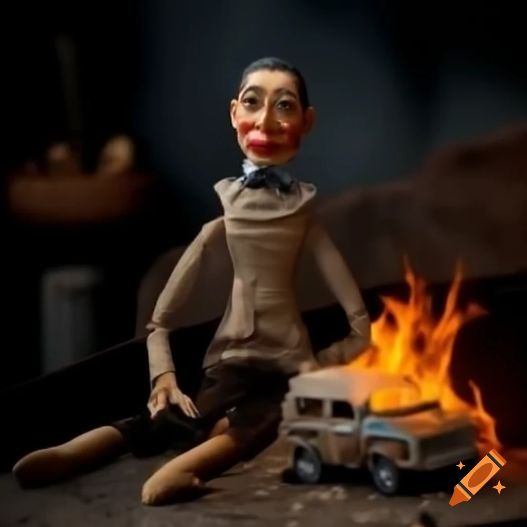 Detailed marionette puppet resembling oligarch next to burning Tesla ...