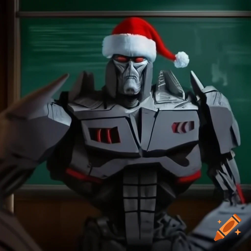 Megatron with Santa hat in front of whiteboard filled with Algebra 1 ...
