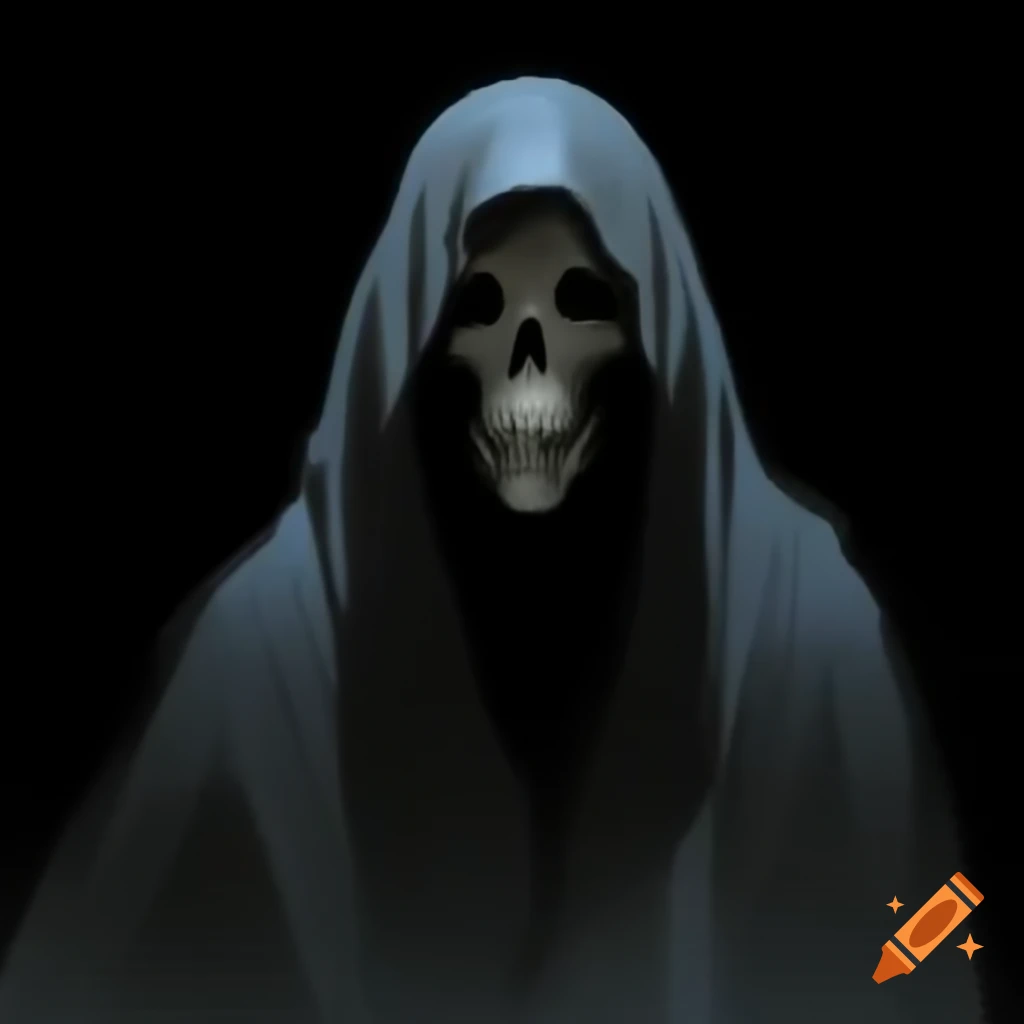 Cloaked figure silhouette with a visible skull in shadows on Craiyon
