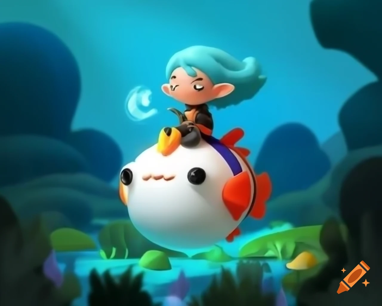 Low poly druid with glowing cyan hair riding puffer fish in enchanted ...