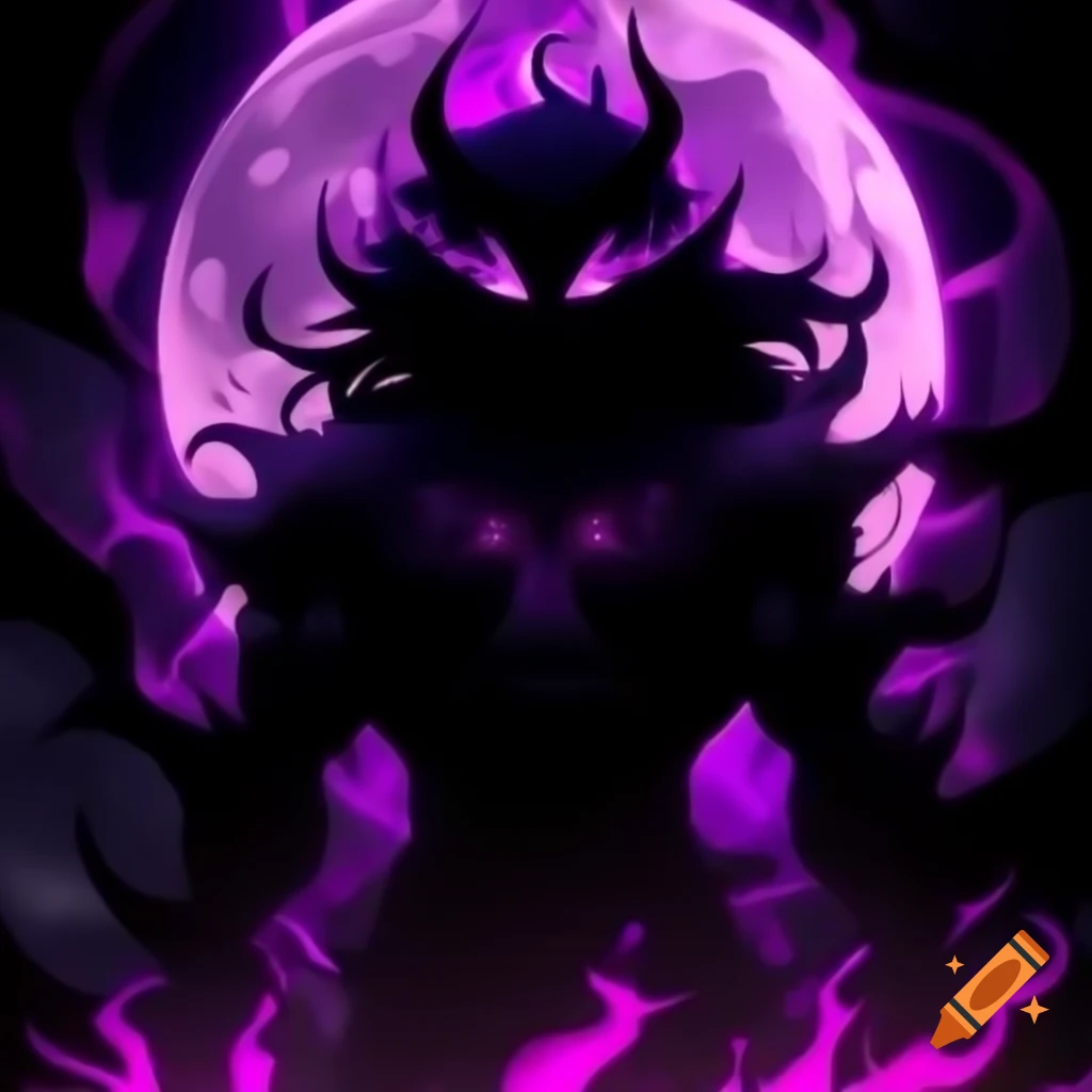 Demonic anime silhouette with purple flame eyes and aura against ...