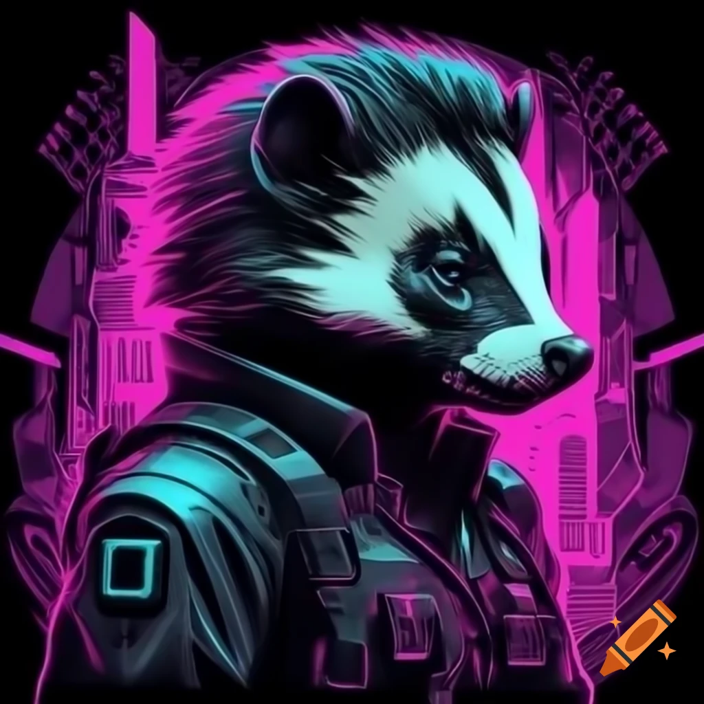 Spotted skunk in futuristic military uniform in a neon cyberpunk city ...