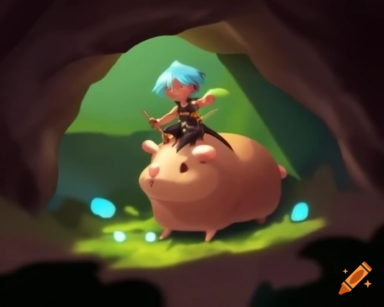 Low poly druid with cyan hair riding fluffy giant guinea pig in cave on ...