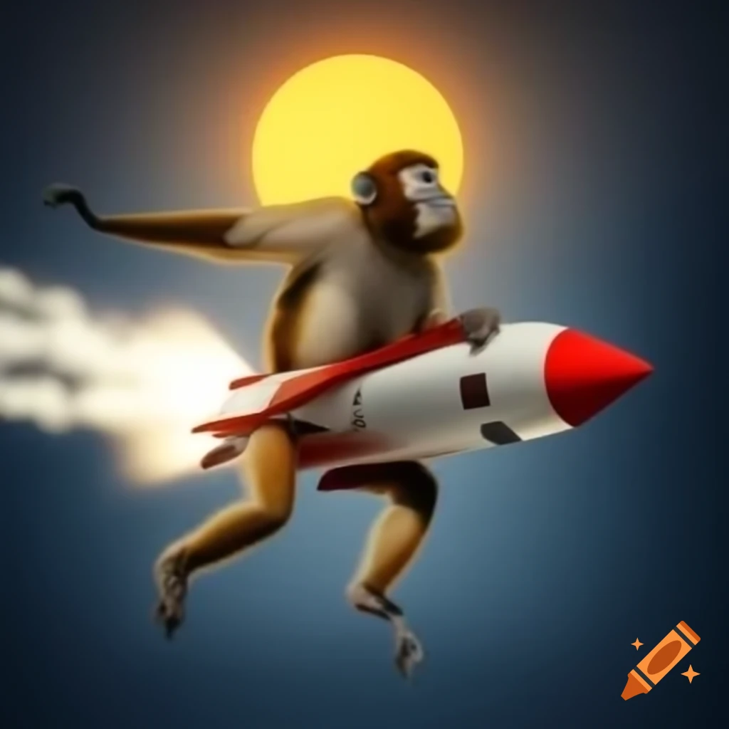Flying monkey on rocket heading towards stylized sun resembling Kool ...