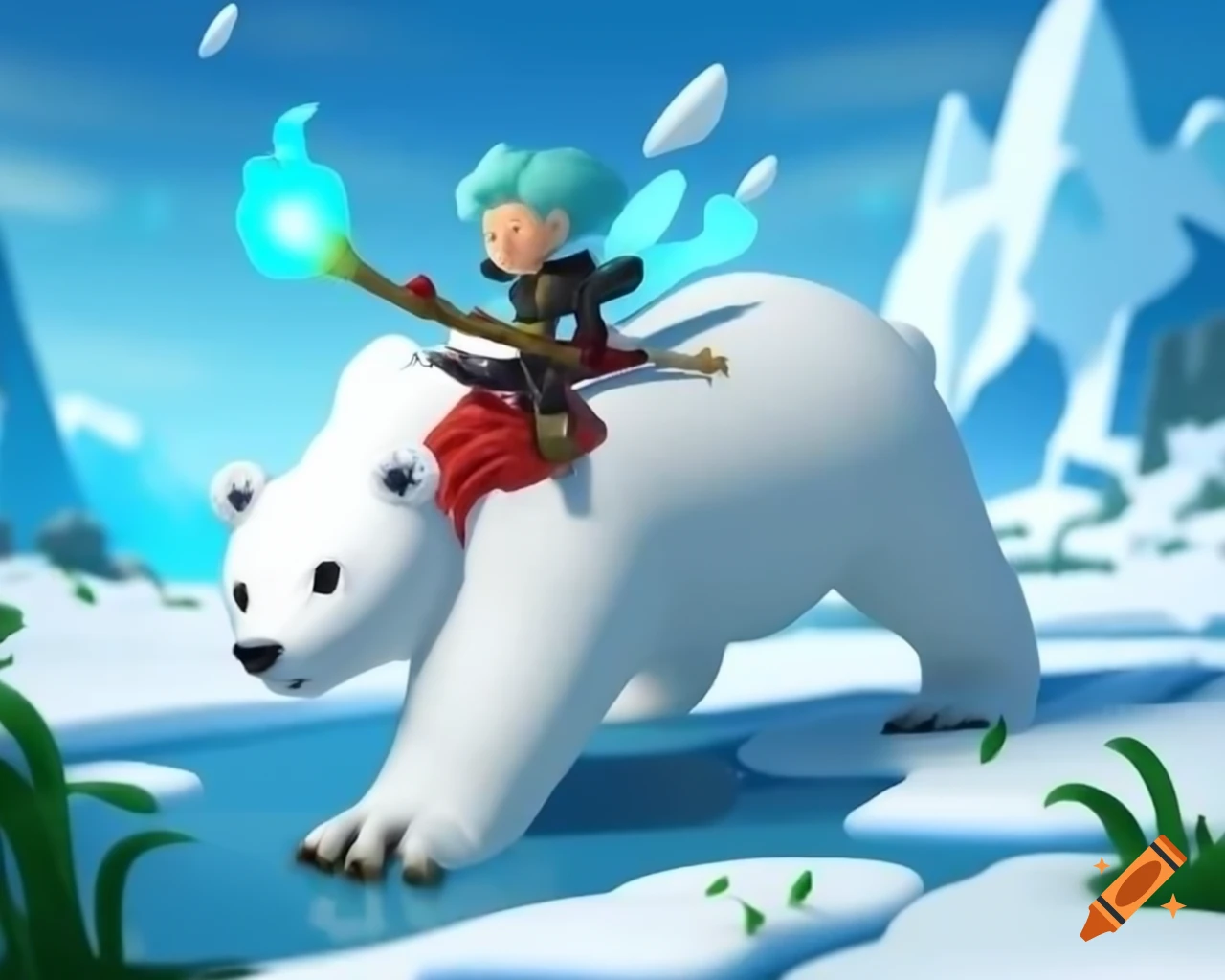 Low poly young male mage with glowing cyan hair riding fluffy polar ...