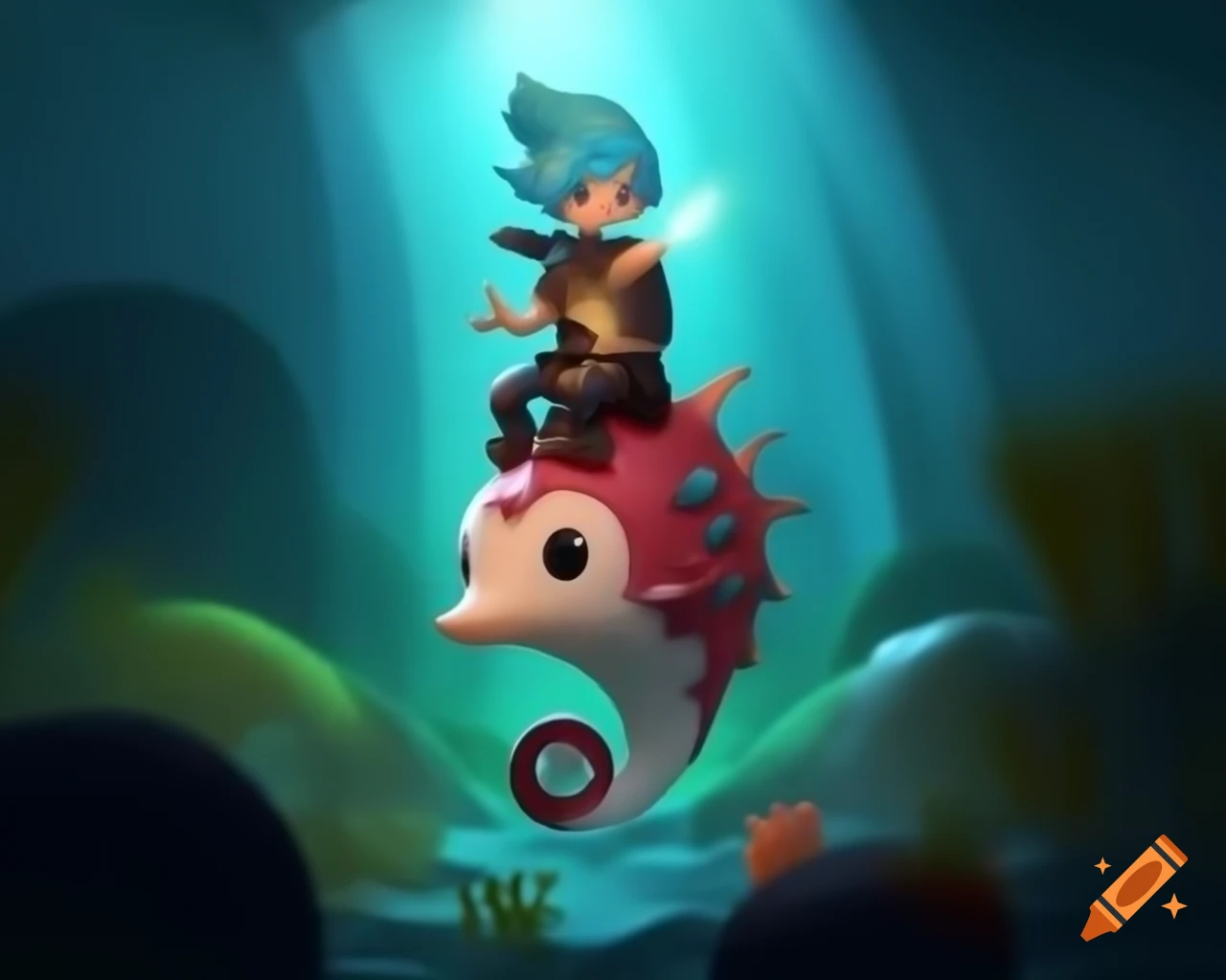 Low poly druid with glowing cyan hair riding cute seahorse in enchanted ...