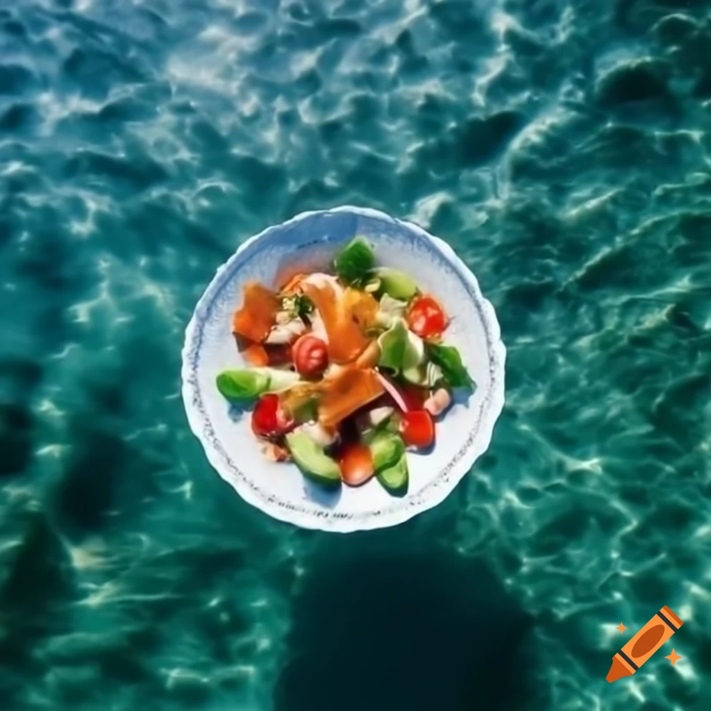 Aerial view of a colorful salad with legumes floating above the sea on ...