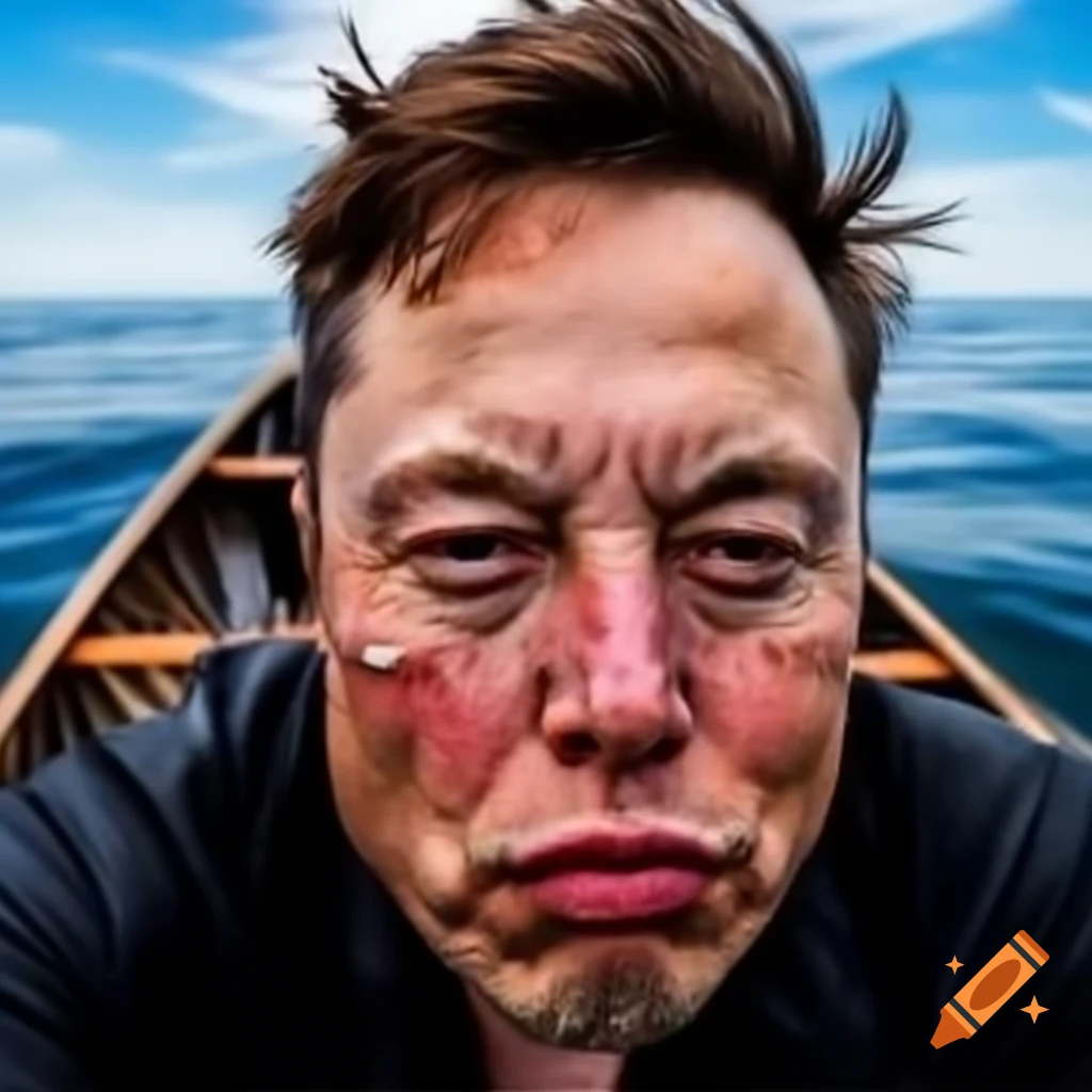 Satirical depiction of a man with facial features in a sinking rowboat ...