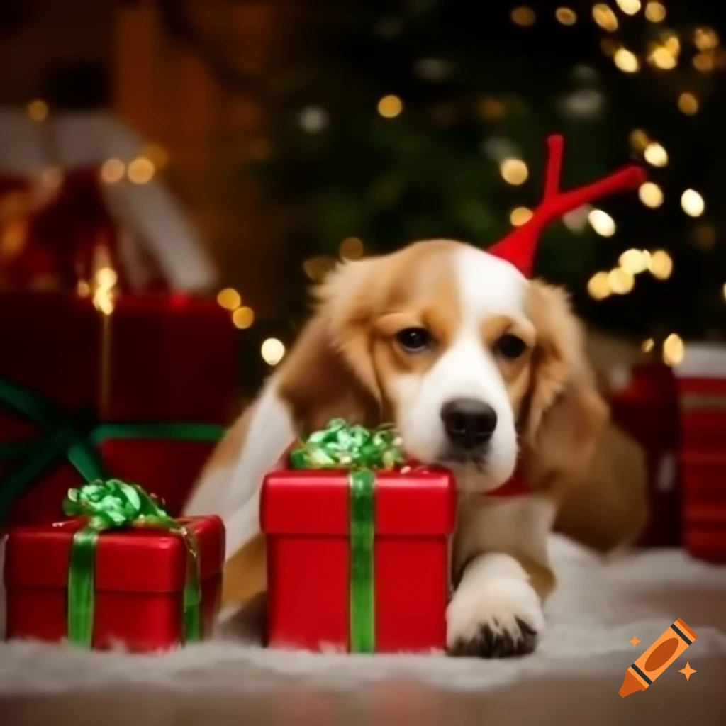 Dog receiving christmas present on Craiyon