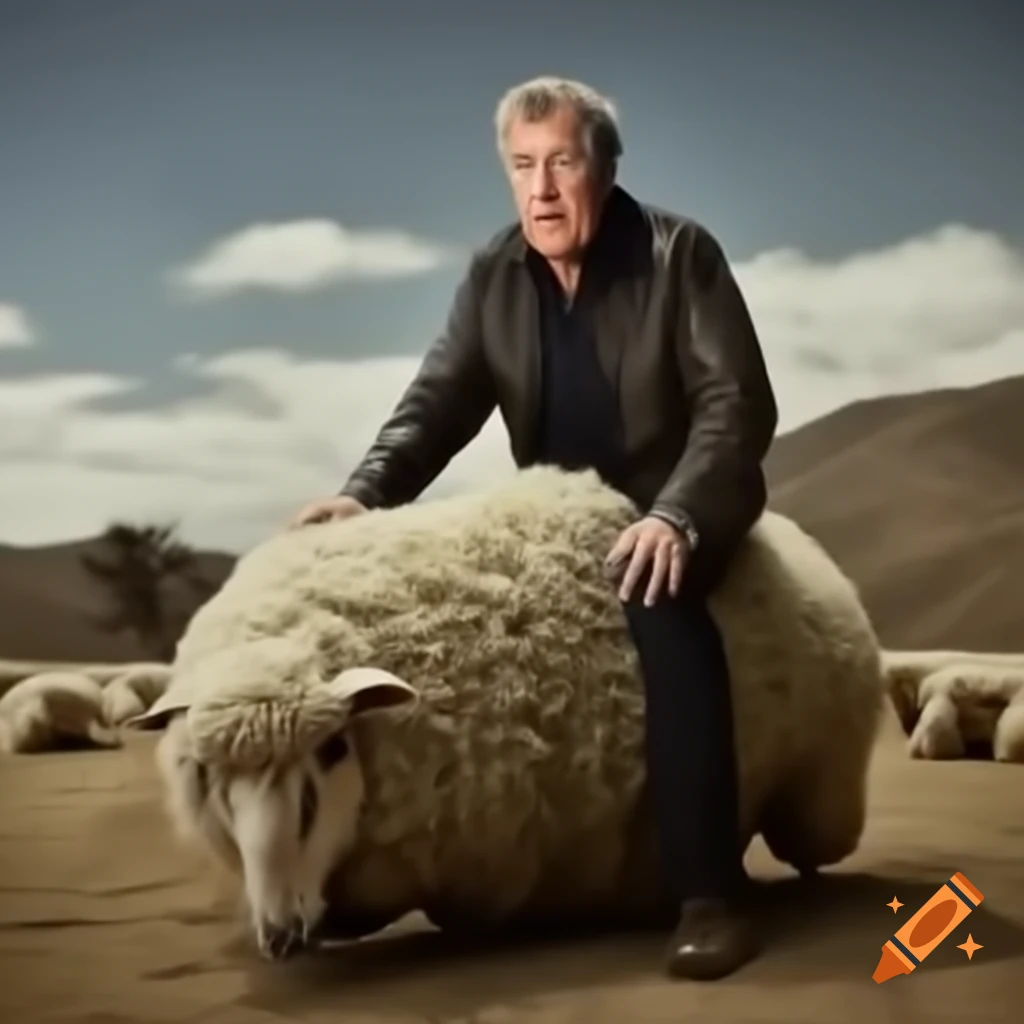 Jeremy clarkson humorously riding a sheep like a motorcycle on Craiyon